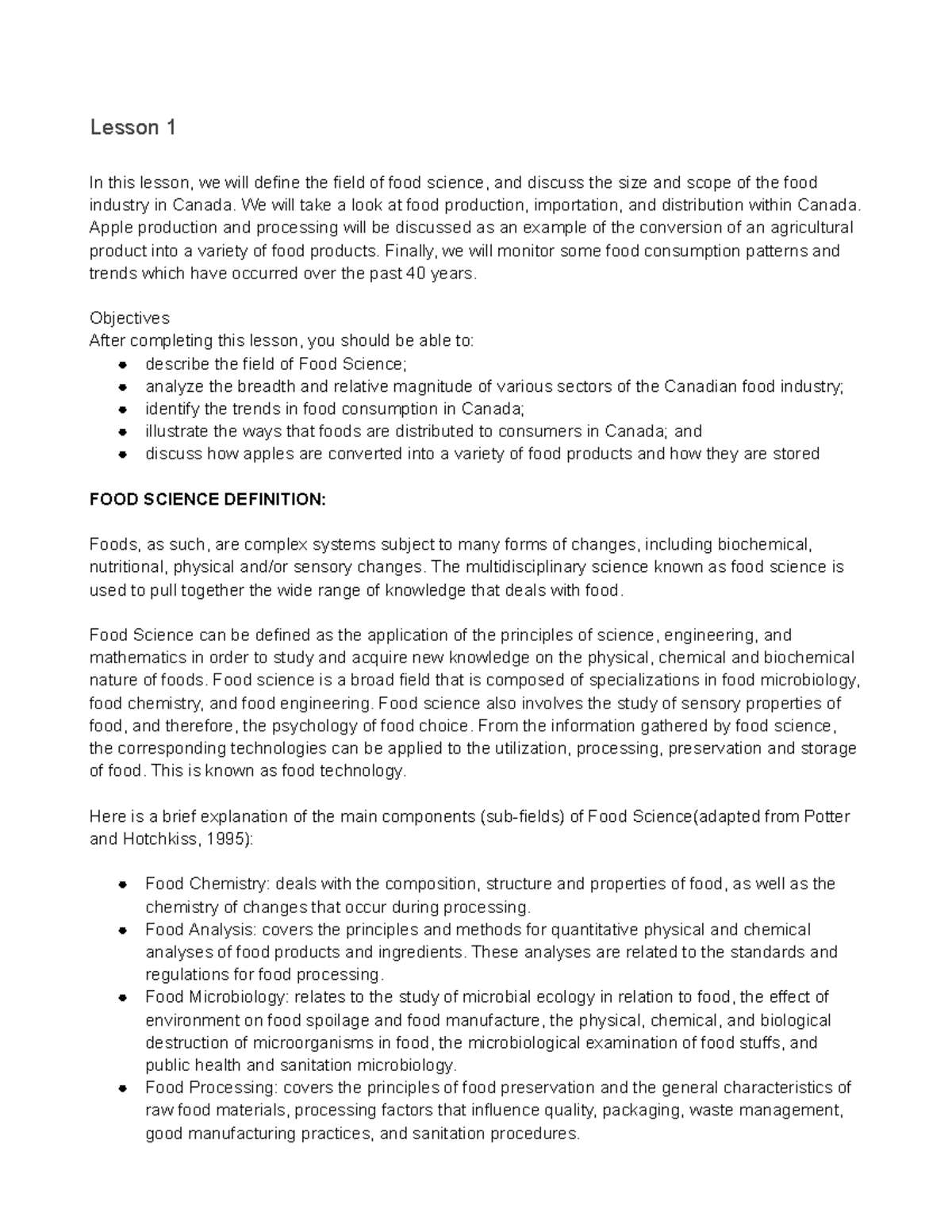 FNH 200 - Lesson 1: Introduction to Food Science in Canada - Studocu