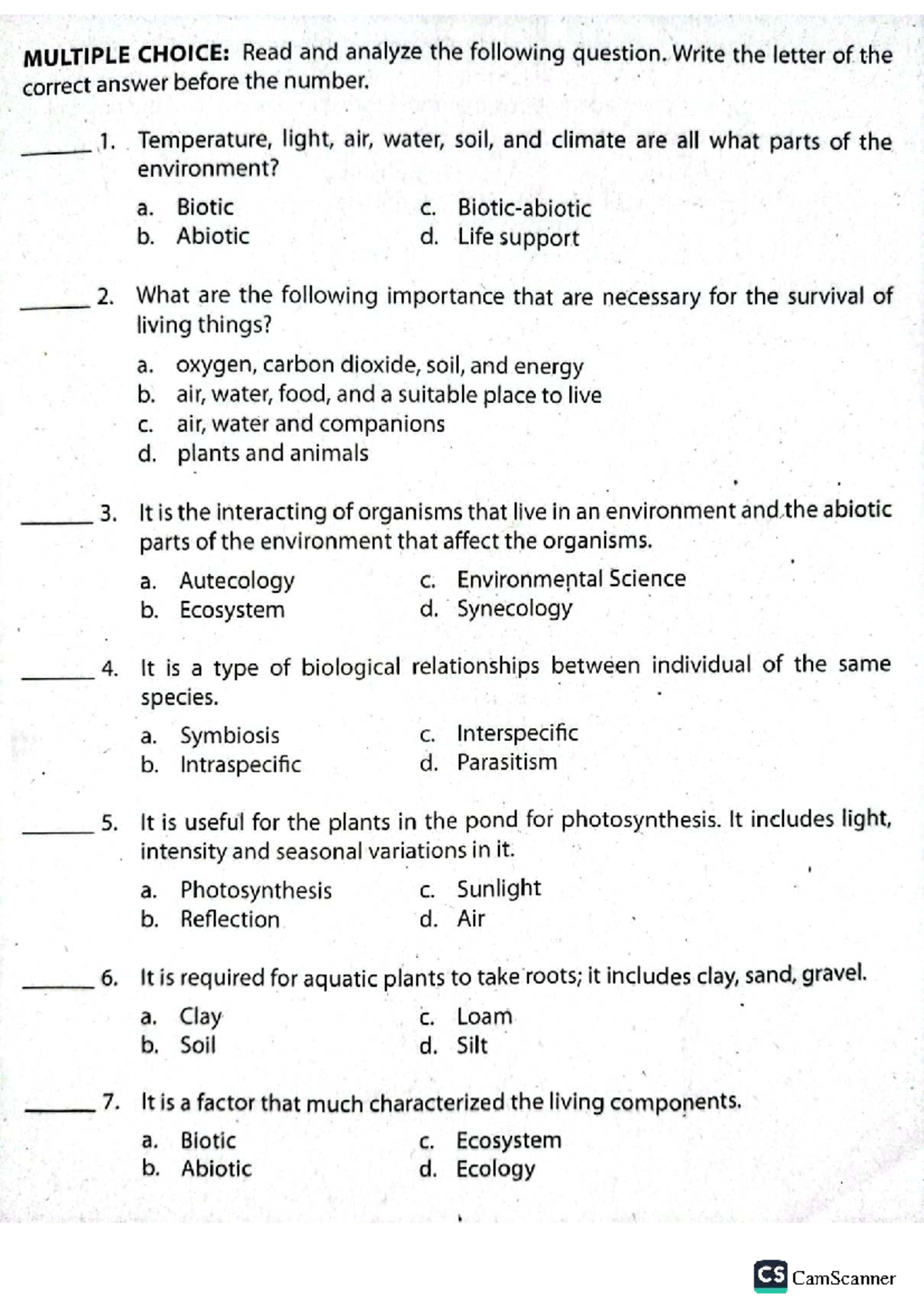 Envi Sci Test 3 Biotic Abiotic Factors - MULTIPLE CHOICE: Read and ...