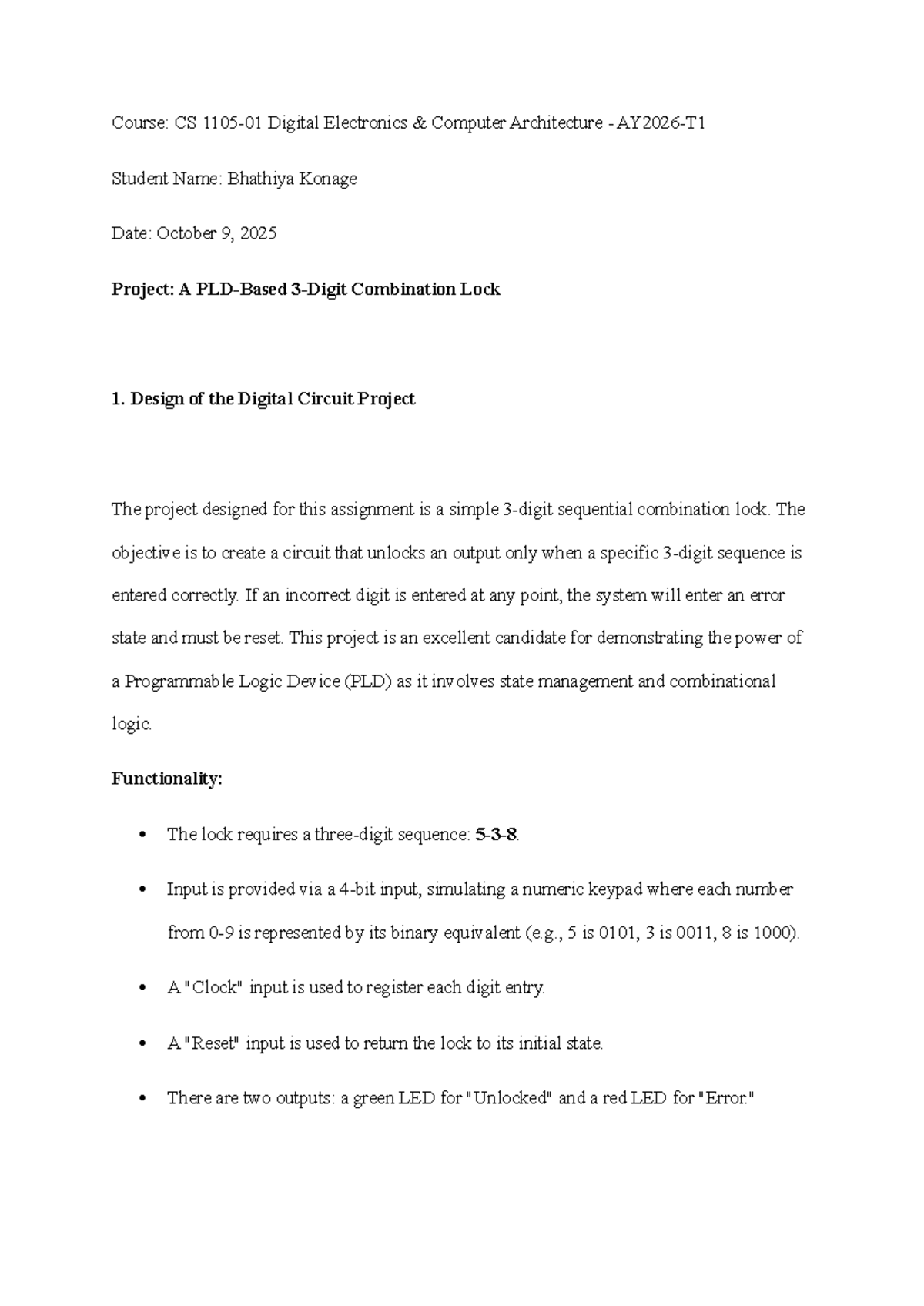 CS 1105-01 Project: Digital Combination Lock Design and Implementation ...