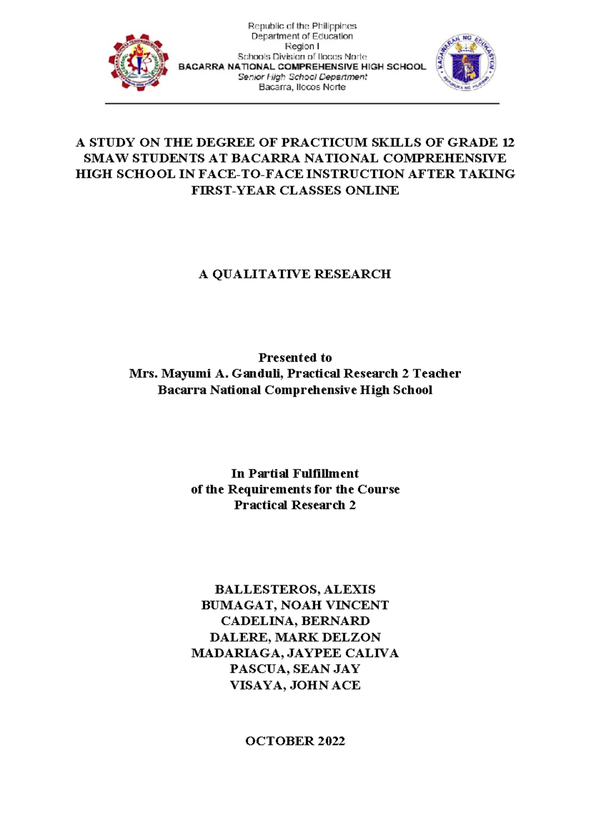 PR2: Degree of Practicum Skills in SMAW Among Grade 12 Students - Studocu