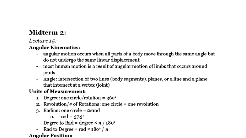 Midterm 2: KIN 222 Lecture Notes on Angular Kinematics and Forces - Studocu