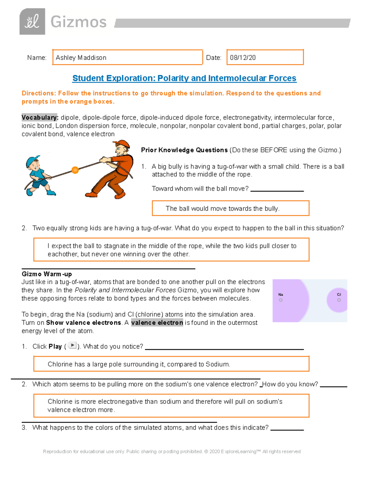 Polarity and Intermolecular Forces Gizmo - Student Exploration Guide ...