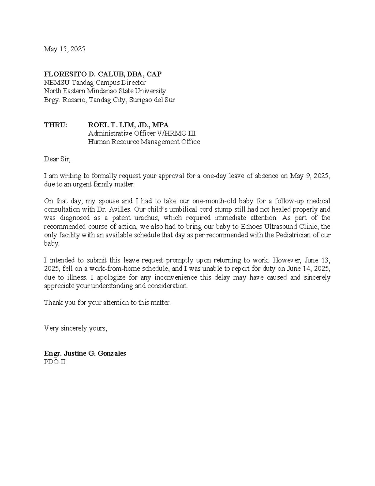 Justification Letter for Leave of Absence - NOTES - Studocu