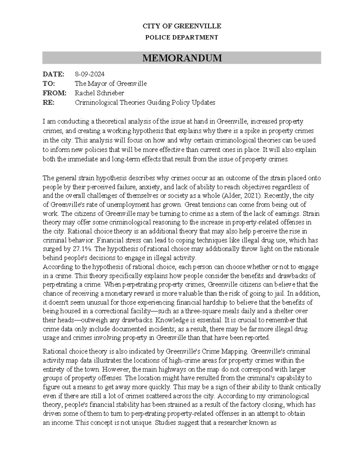 CJ 306 Project 2 Memo: Analyzing Criminological Theories on Property ...