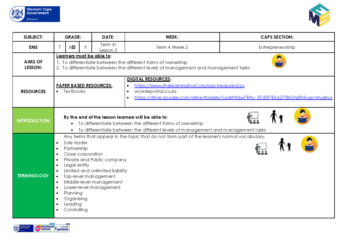 EMS Term 4 Week 3 Lesson 3: Forms of Ownership & Management Tasks - Studocu