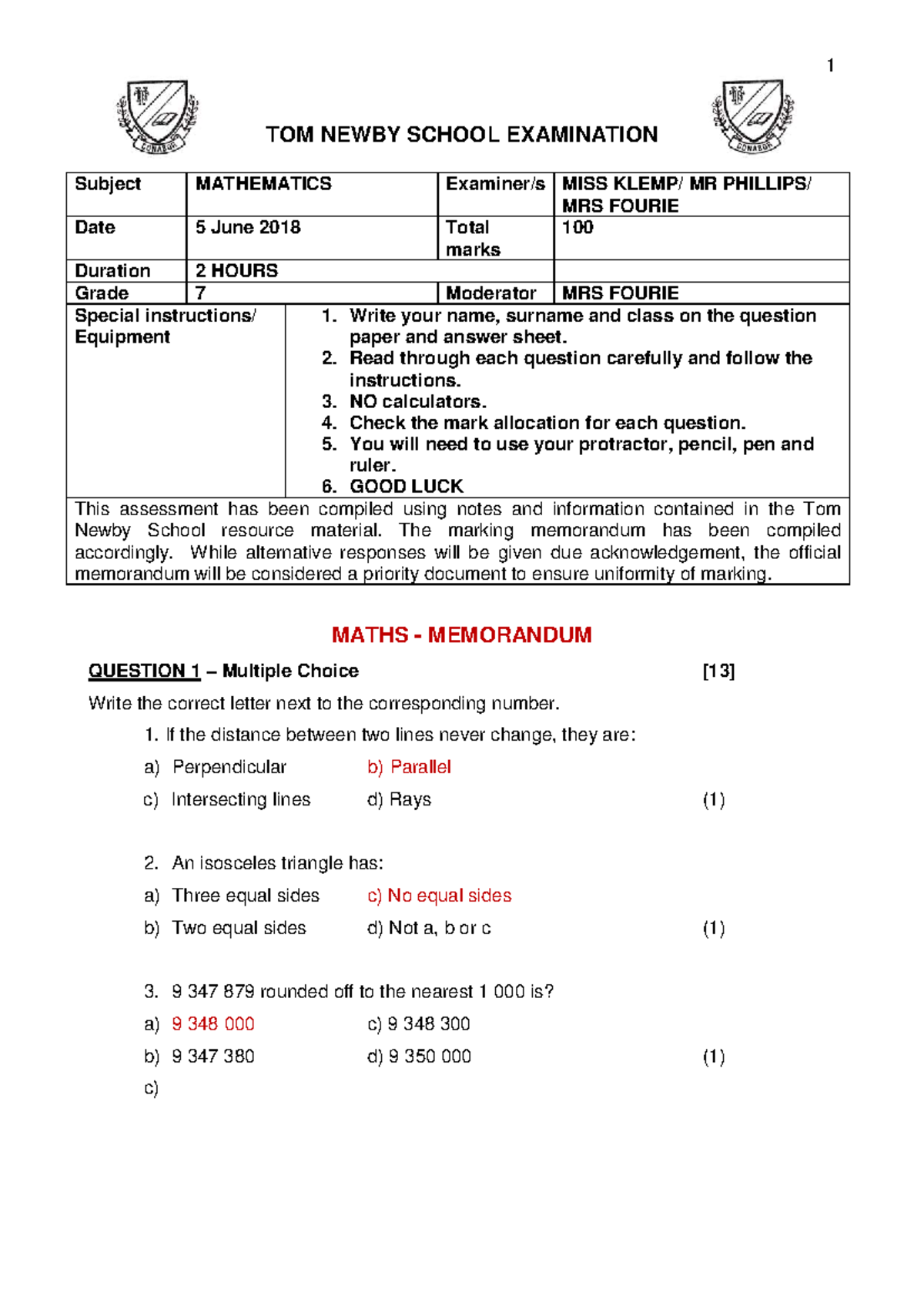 Grade 7 Mathematics Exam Memo - June 2018 (L Klemp) - Studocu