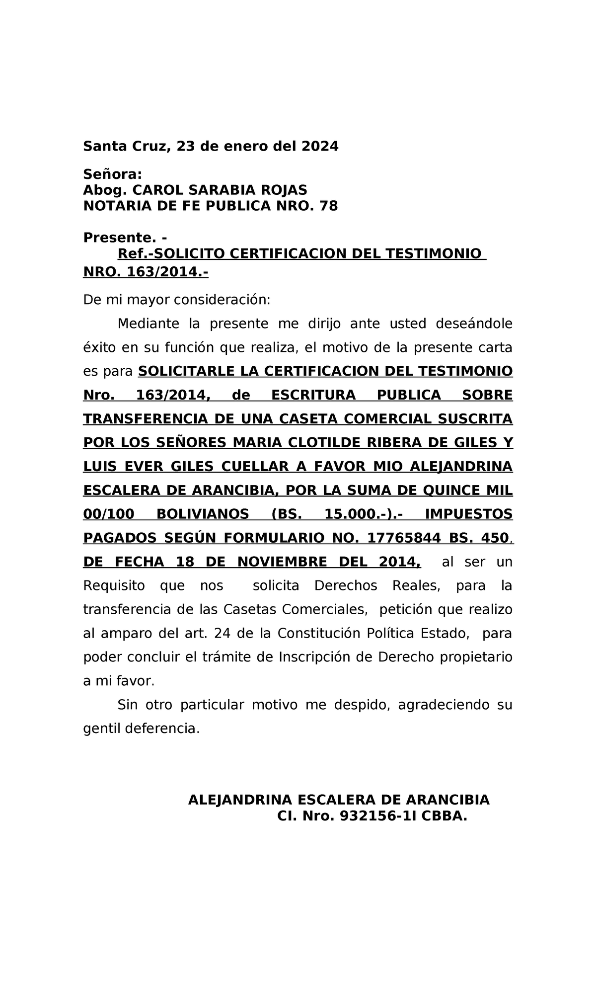 Solicitud de Certificación de Testimonio Notarial - Santa Cruz - Studocu