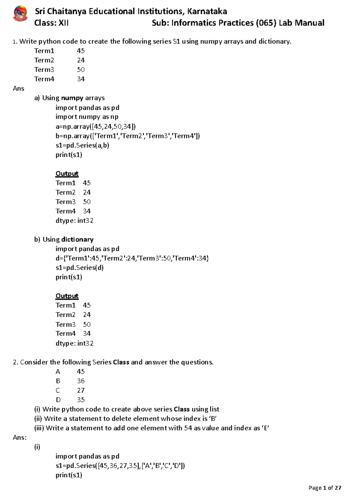 Class XII IP (065) Python Lab Manual: Numpy & DataFrame Operations 2024 ...