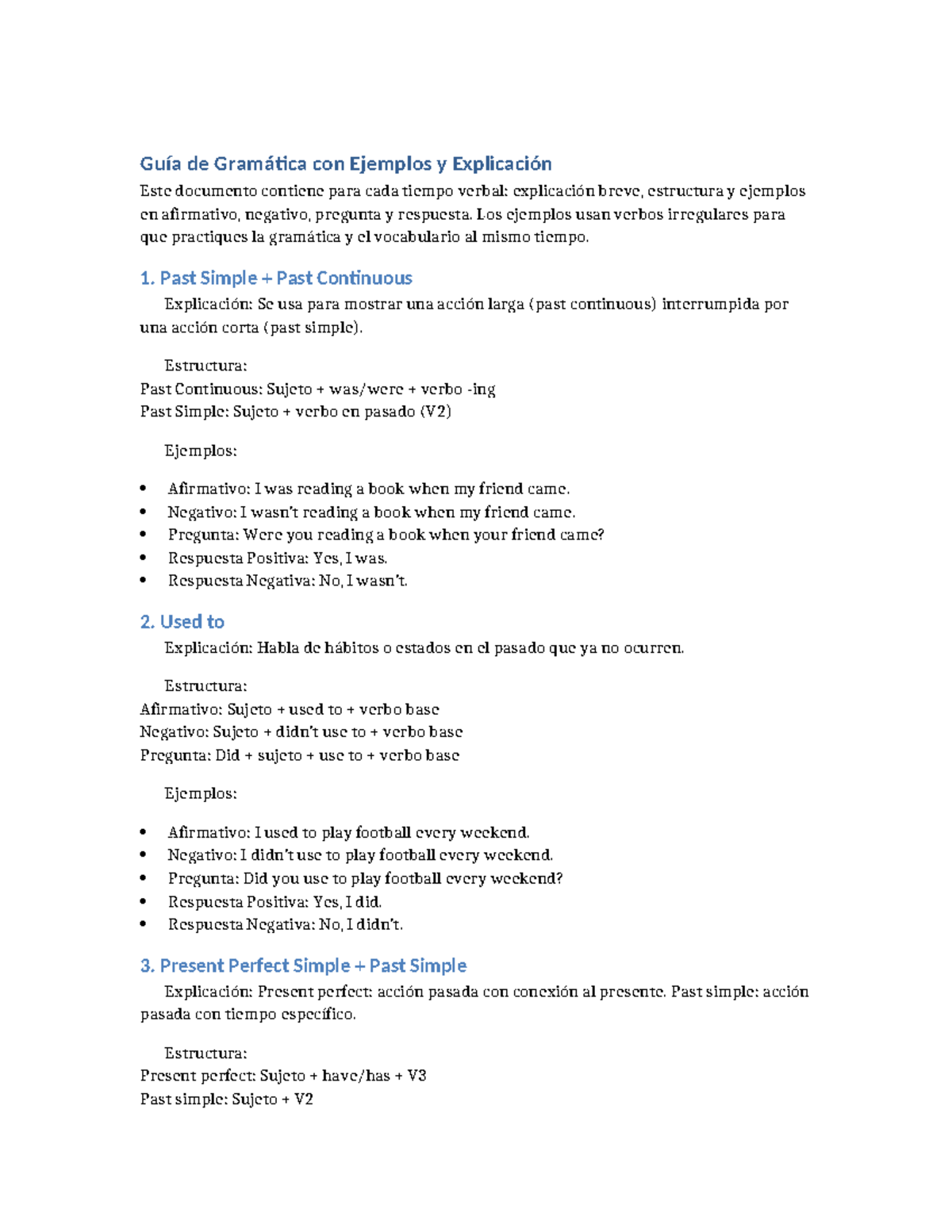 Guía de Gramática: Tiempos Verbales y Ejemplos - Studocu