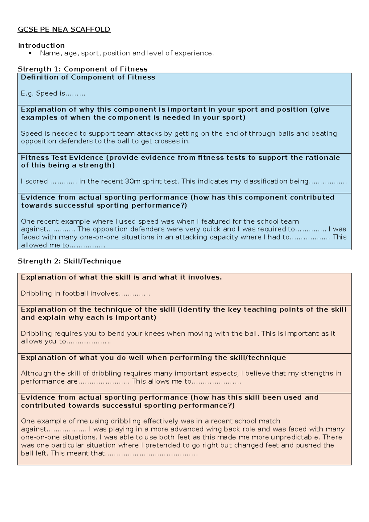 GCSE PE NEA Scaffold: Strengths and Weaknesses Analysis - Studocu