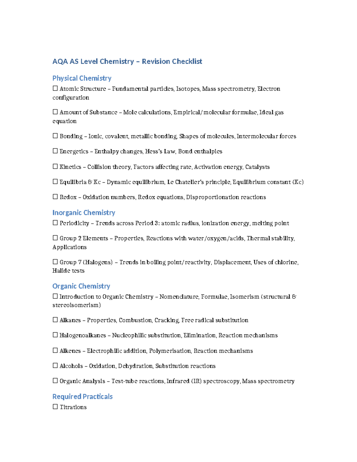 AQA AS Level Chemistry Revision Checklist: Key Topics & Concepts - Studocu