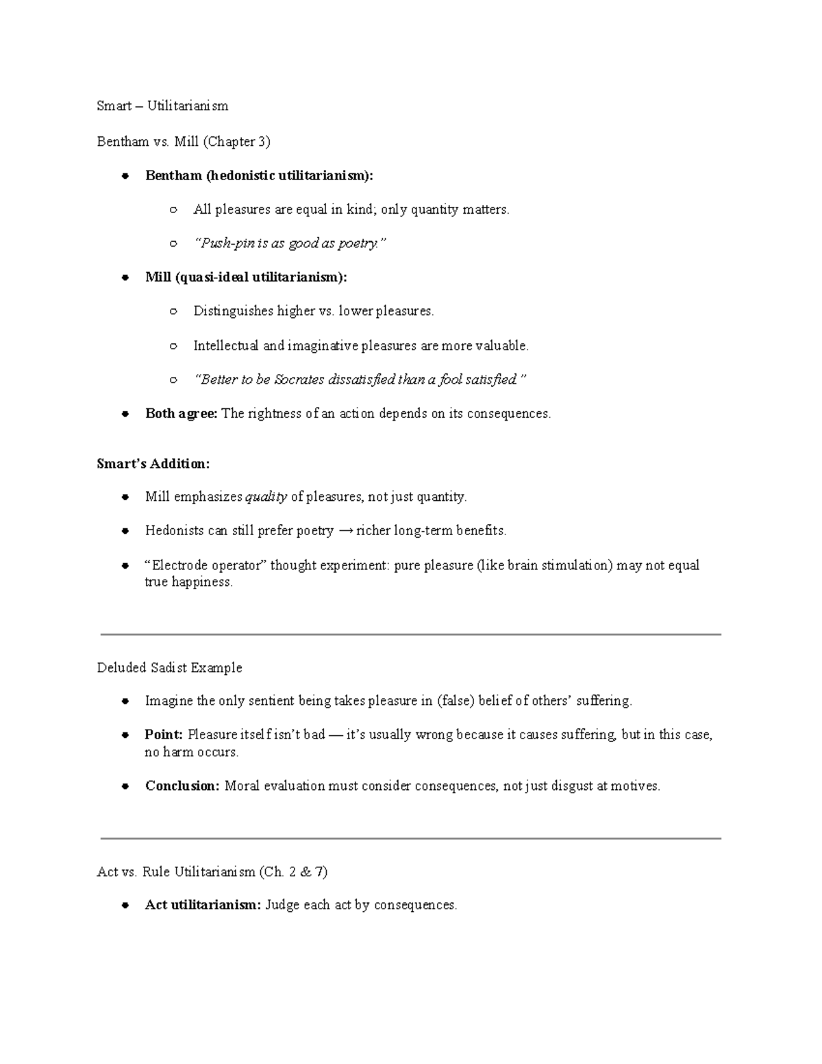 Utilitarianism: Bentham vs. Mill & Critiques - PHIL101 Notes - Studocu