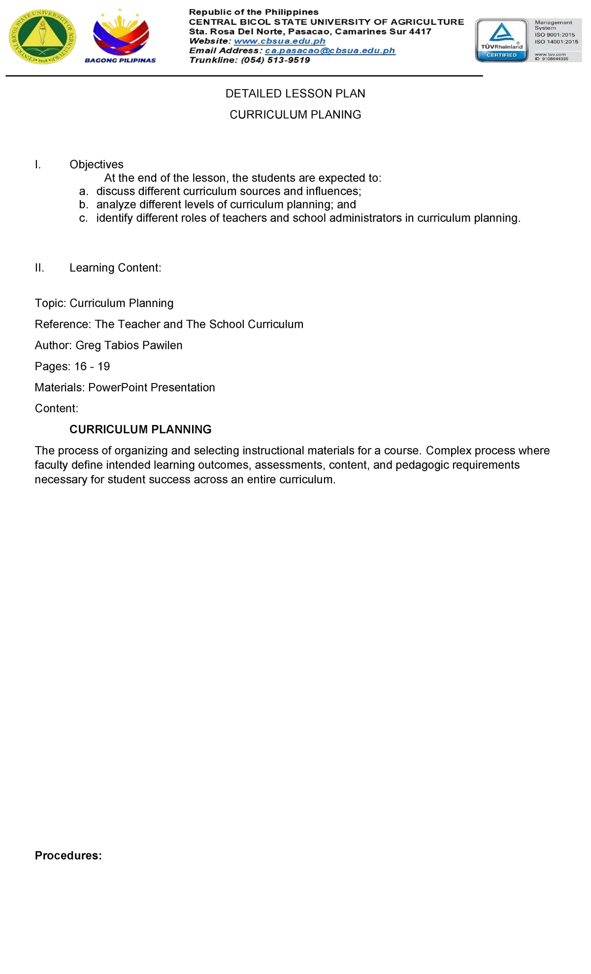 Educ-9 DLP: Comprehensive Lesson Plan on Curriculum Planning - Studocu