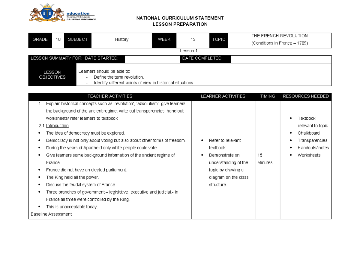 Grade 10 History Lesson Plans: The French Revolution Overview - Studocu