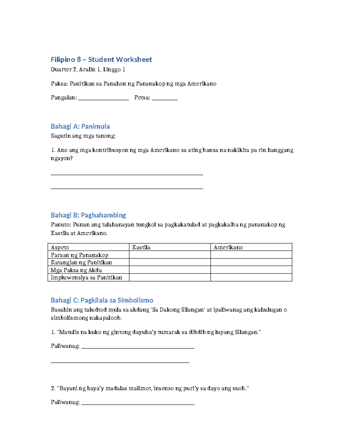 Filipino 8 Student Worksheet: Quarter 2, Aralin 1 - Panitikan sa ...
