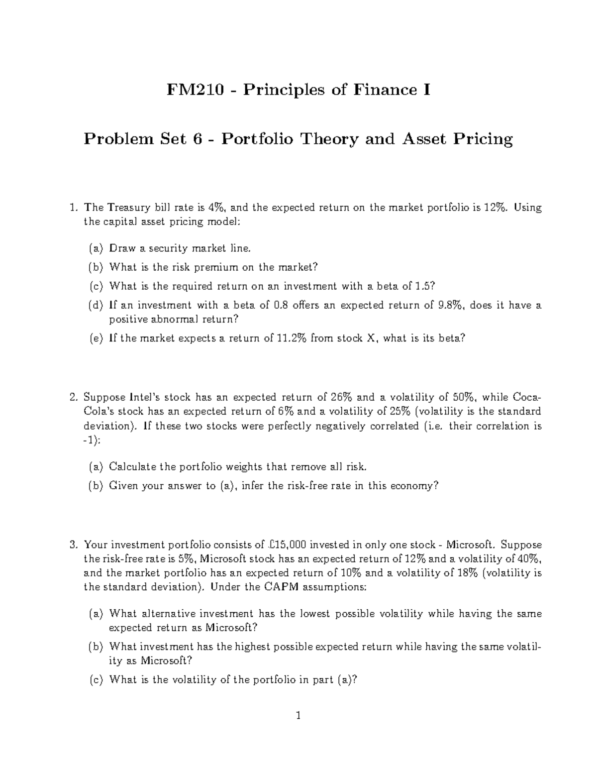 Problem Set 6 - FM210 - Principles of Finance I Problem Set 6 ...
