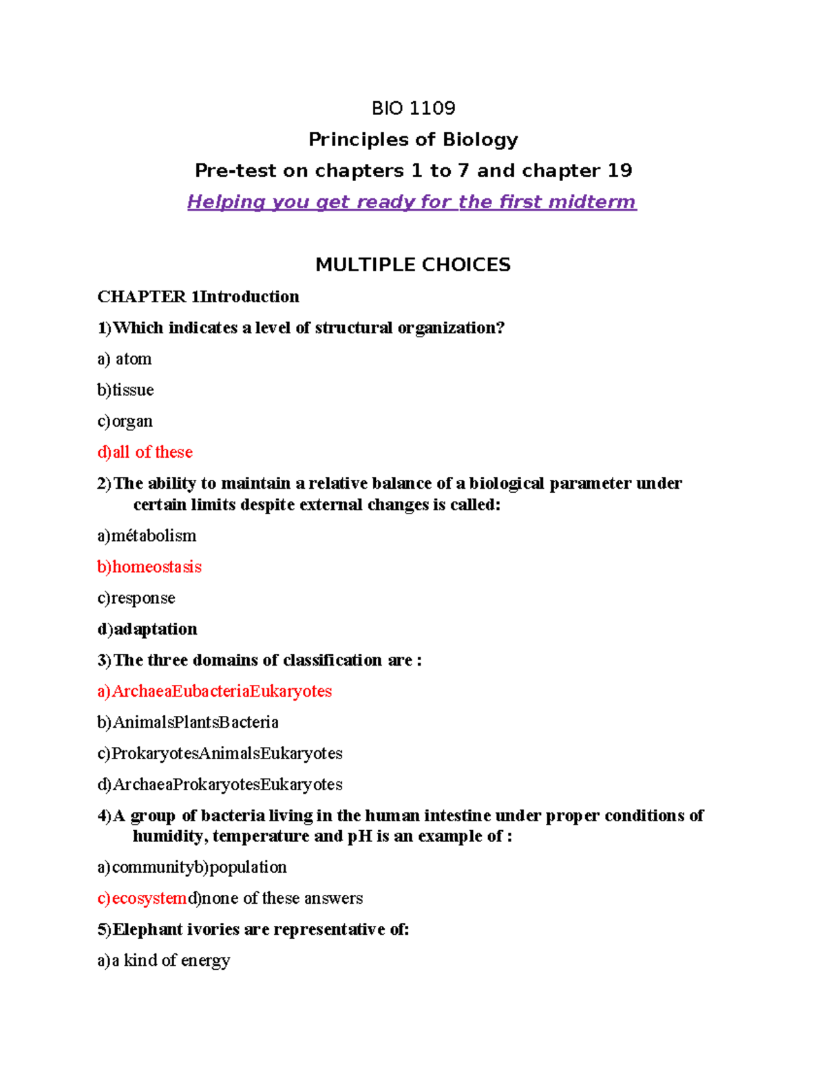 BIO 1109 Midterm Review: Principles of Biology Chapters 1-7 & 19 - Studocu