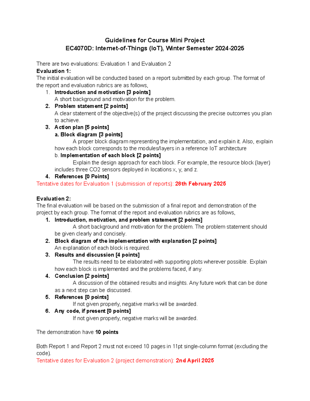 Guidelines for Mini Project EC4070D: IoT Winter 2024-2025 - Studocu