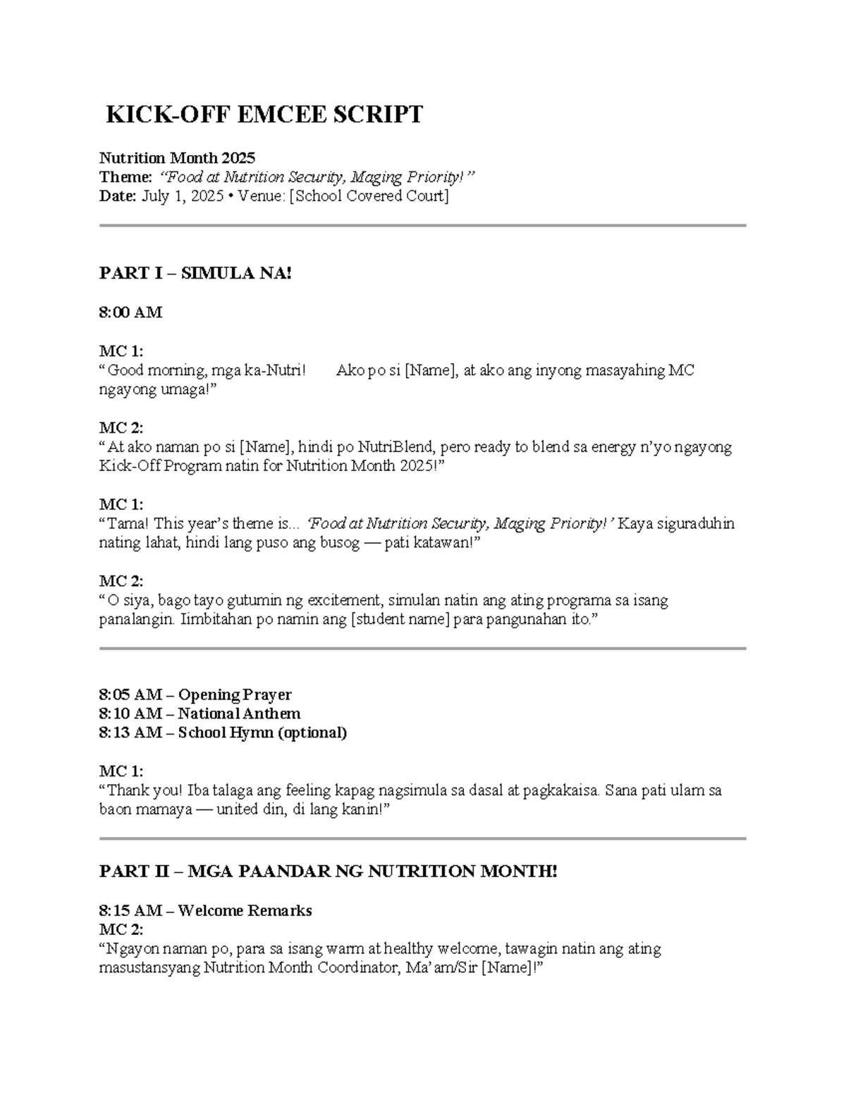 Emcee Script for Nutrition Month 2025: Theme on Food Security - Studocu