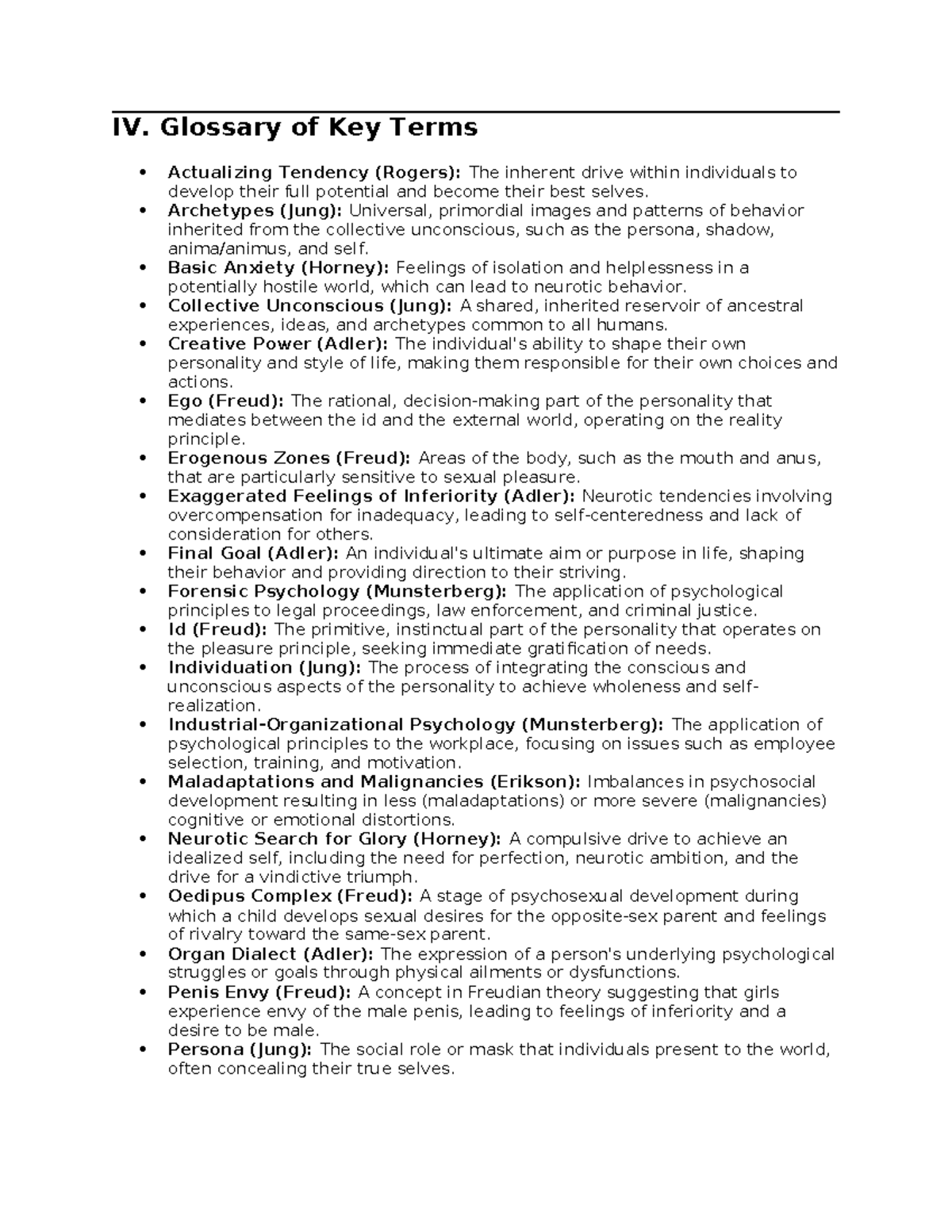 Psych 645 Glossary of Key Terms - IV. Glossary of Key Terms Actualizing ...