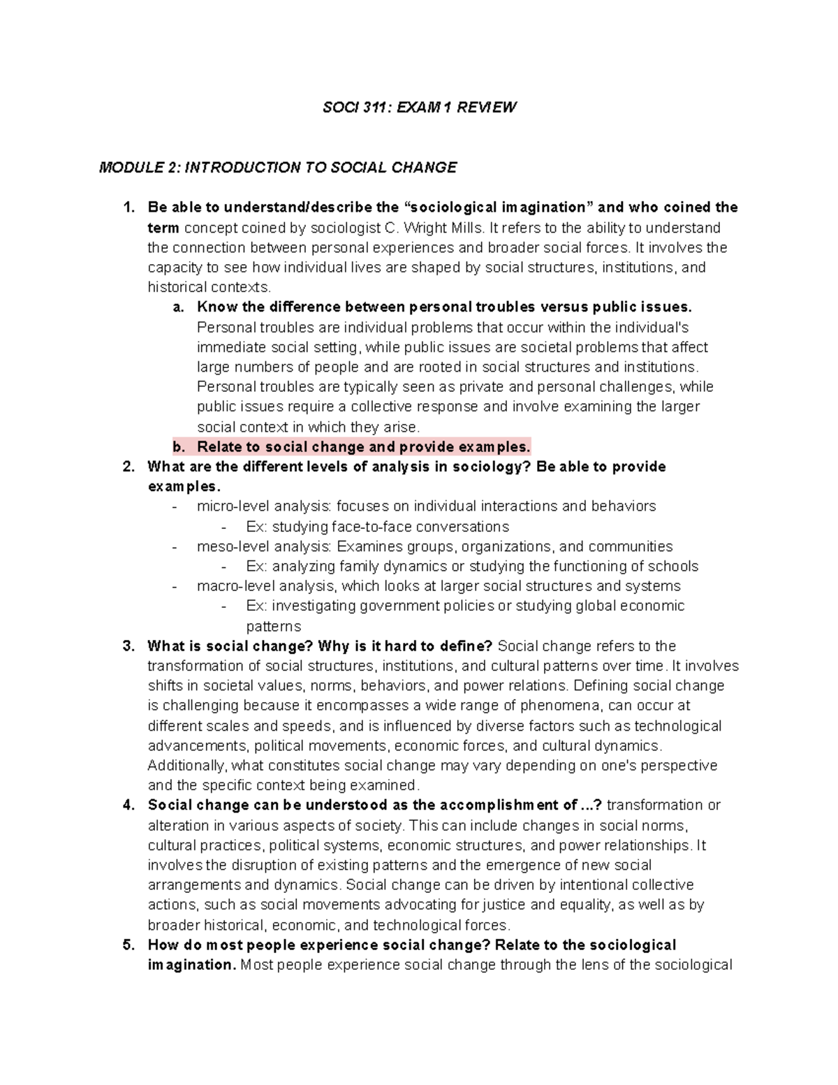 SOCI 311: Exam 1 Review Questions and Responses on Social Change - Studocu