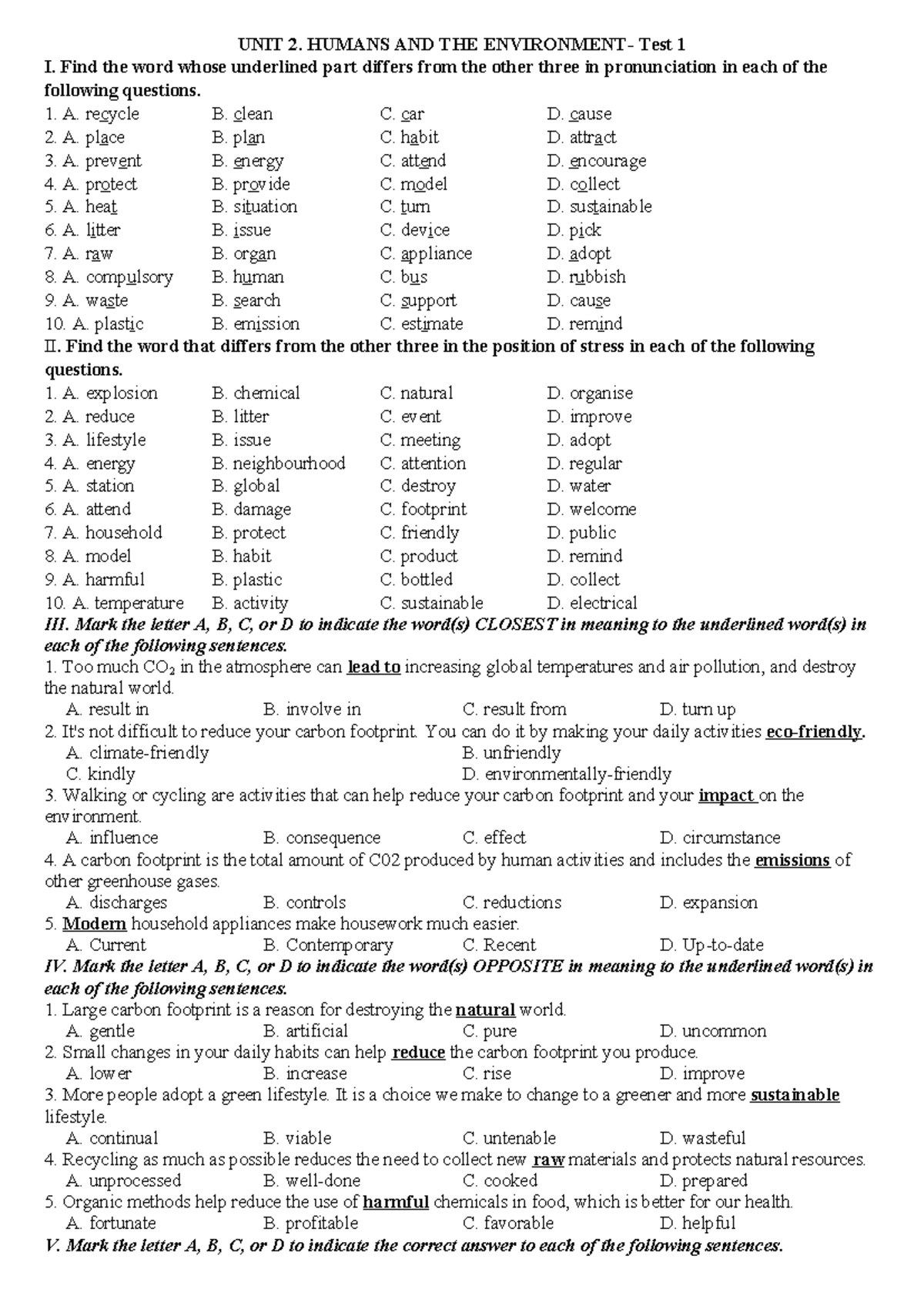 Bộ Test UNIT 2 - Humans and the Environment - Practice Test 1 Grade 10 ...
