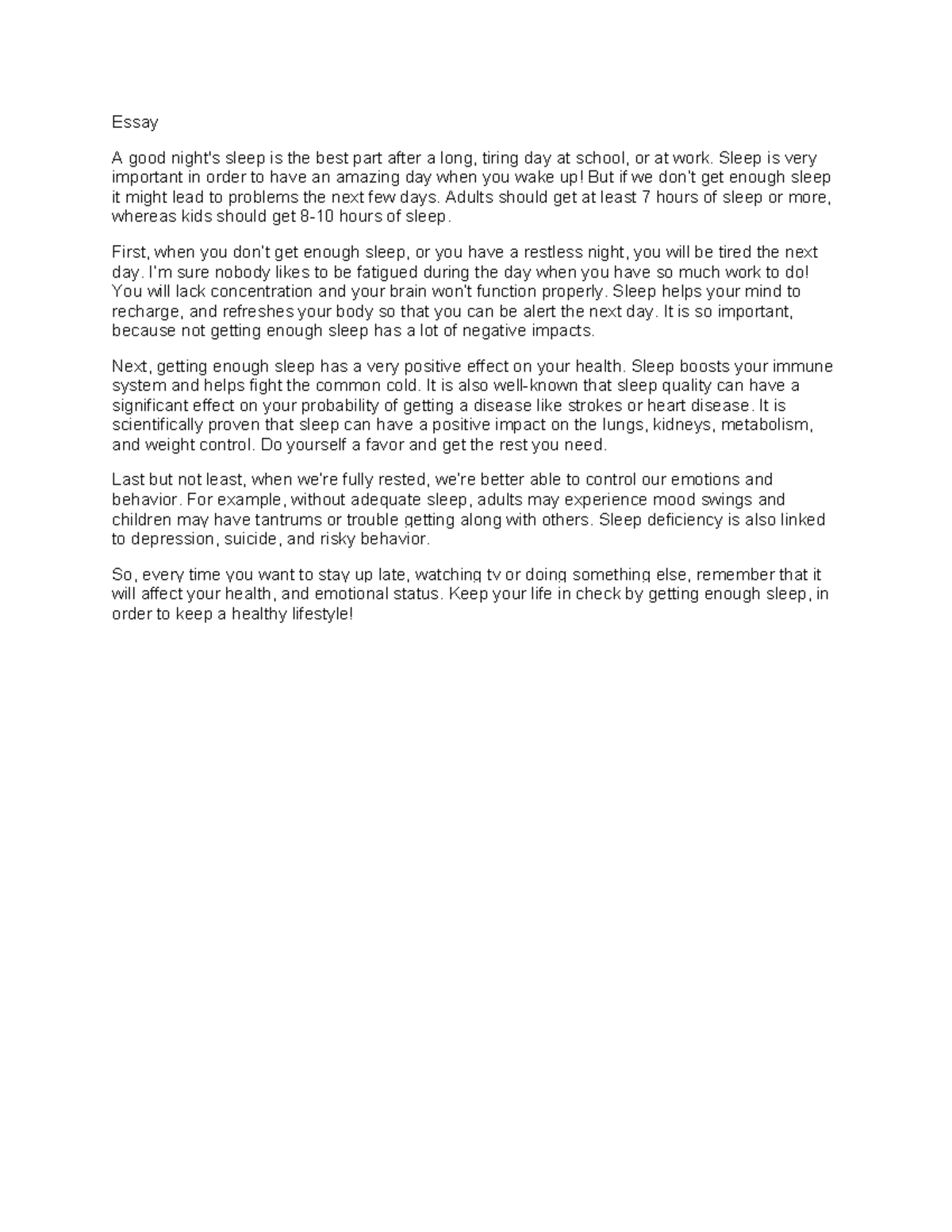 Essay 2: The Importance of Sleep and Its Effects on Health - Studocu