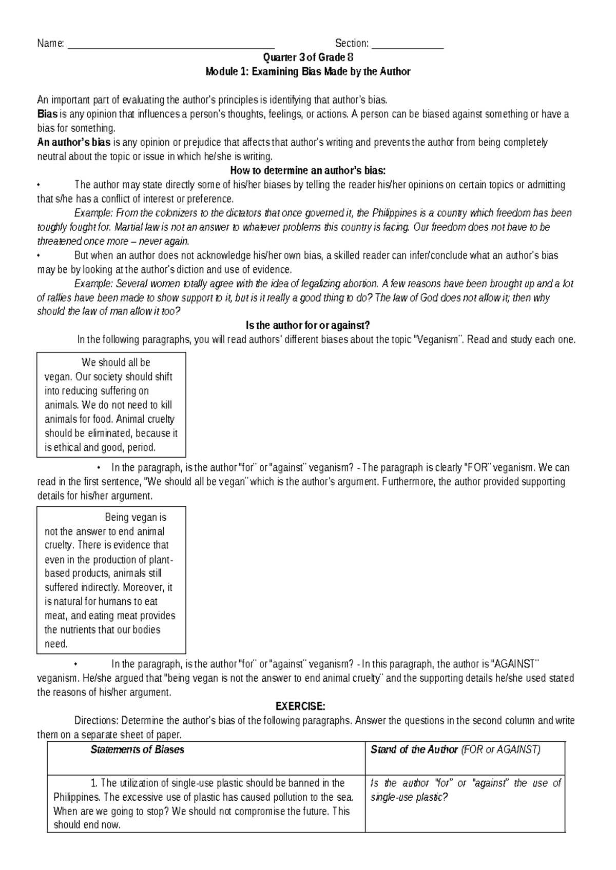 Q3-Lesson 1-Understanding Author Bias in Writing - Studocu