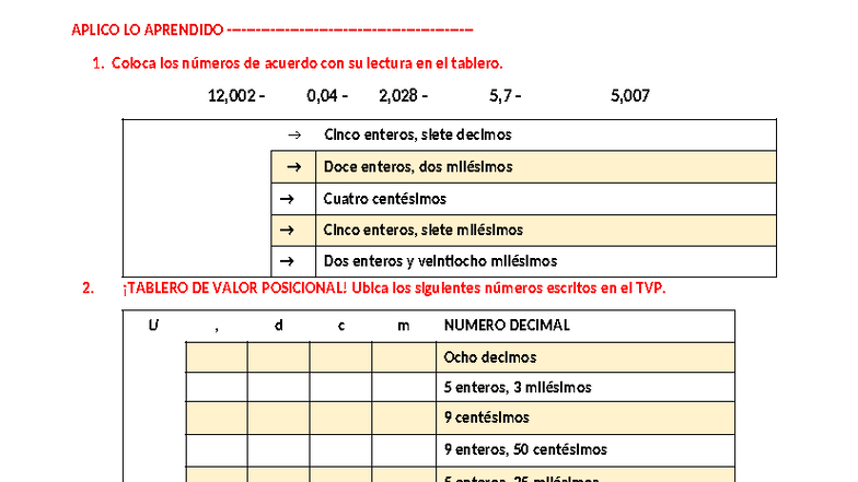 Aplico lo Aprendido: Introducción a los Decimales - Lectura y Escritura ...