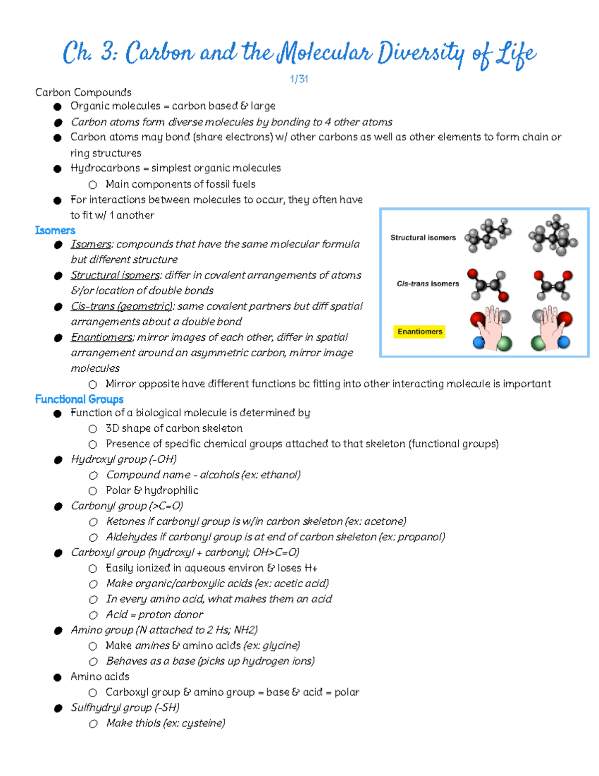 Ch. 3: Carbon Compounds and Molecular Diversity Overview - Studocu