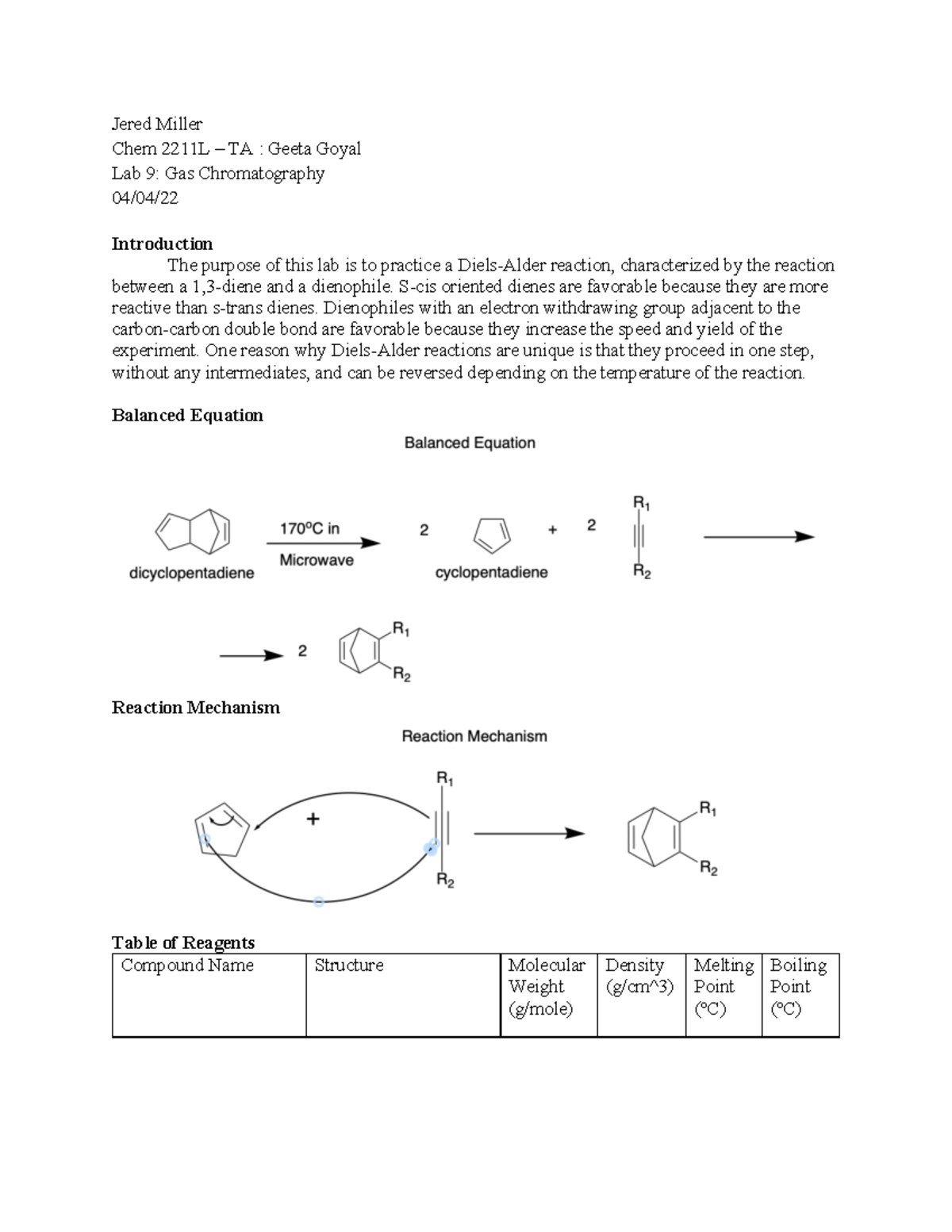 Lab Report #10 - OChem pdf - Jered Miller Chem 2211L 3 TA : Geeta Goyal ...