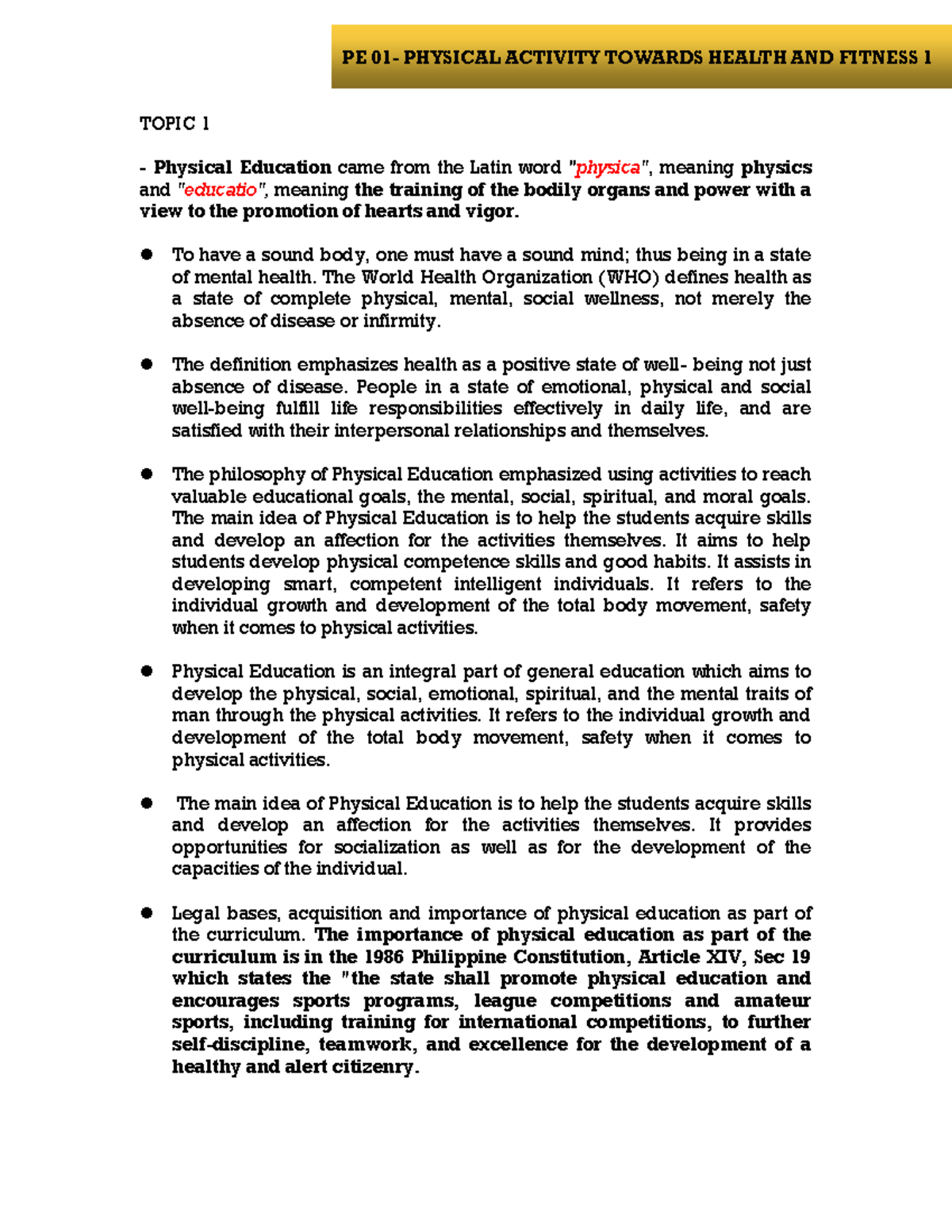 PE PHYSICAL ACTIVITY TOWARDS HEALTH AND FITNESS 1: Lesson 1 Overview ...