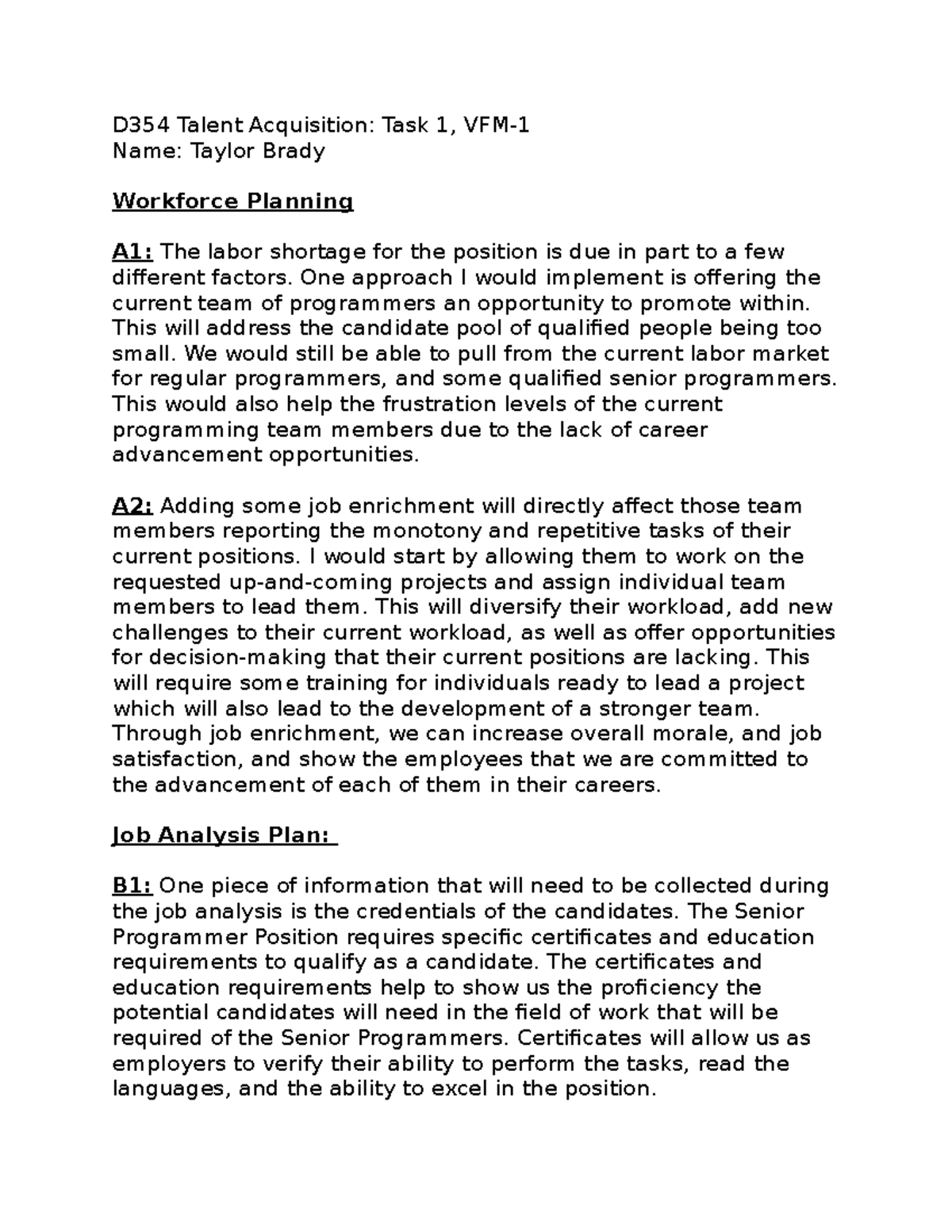 D354 Talent Acquisition: Task 1 Submission on Workforce Planning - Studocu