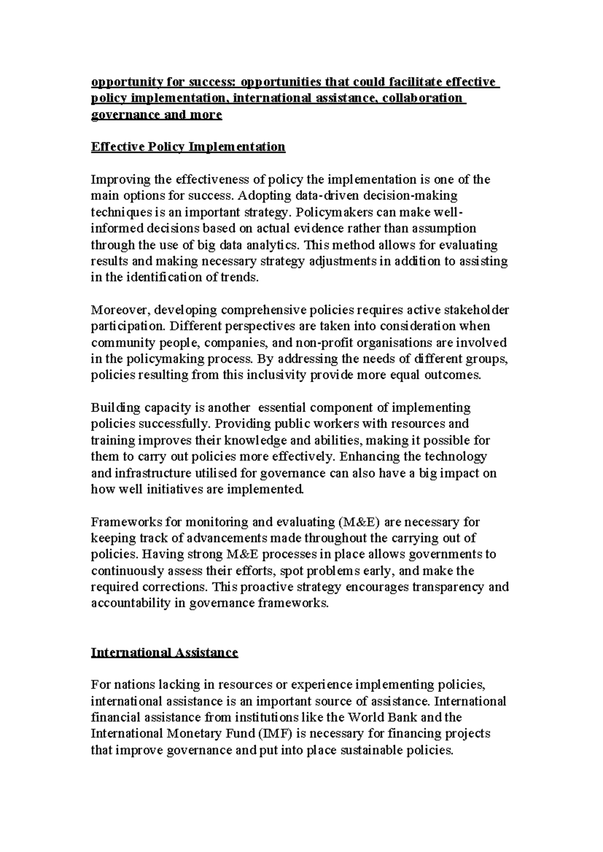 Effective Policy Implementation: Opportunities for Success (SEMESTER ...