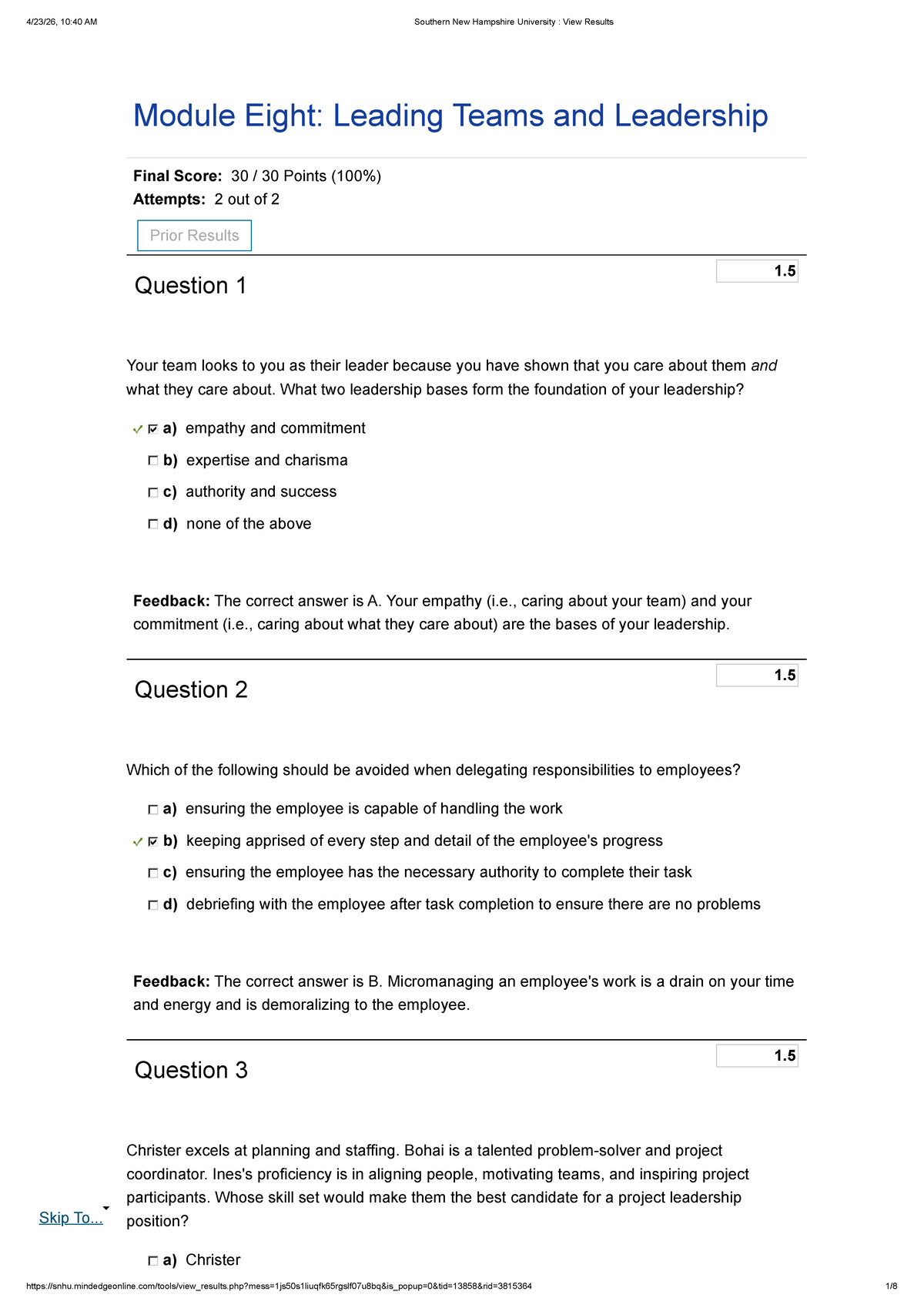 Module 8: Leading Teams & Leadership Assessment (SNHU) - Studocu