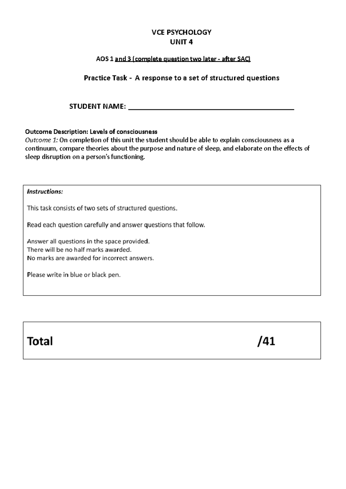 Set of structured questions Unit 4 AOS 1 and 3 - VCE PSYCHOLOGY UNIT 4 ...