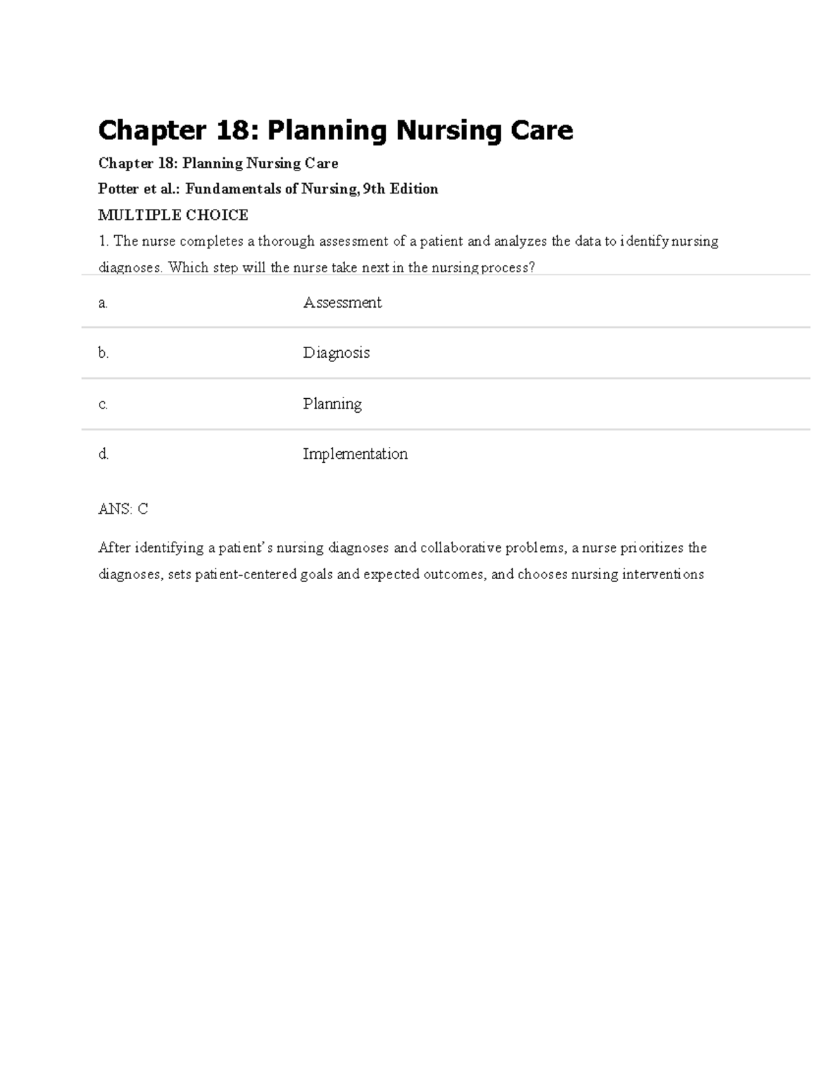 Chapter 18 Planning Nursing Care - Chapter 18: Planning Nursing Care ...