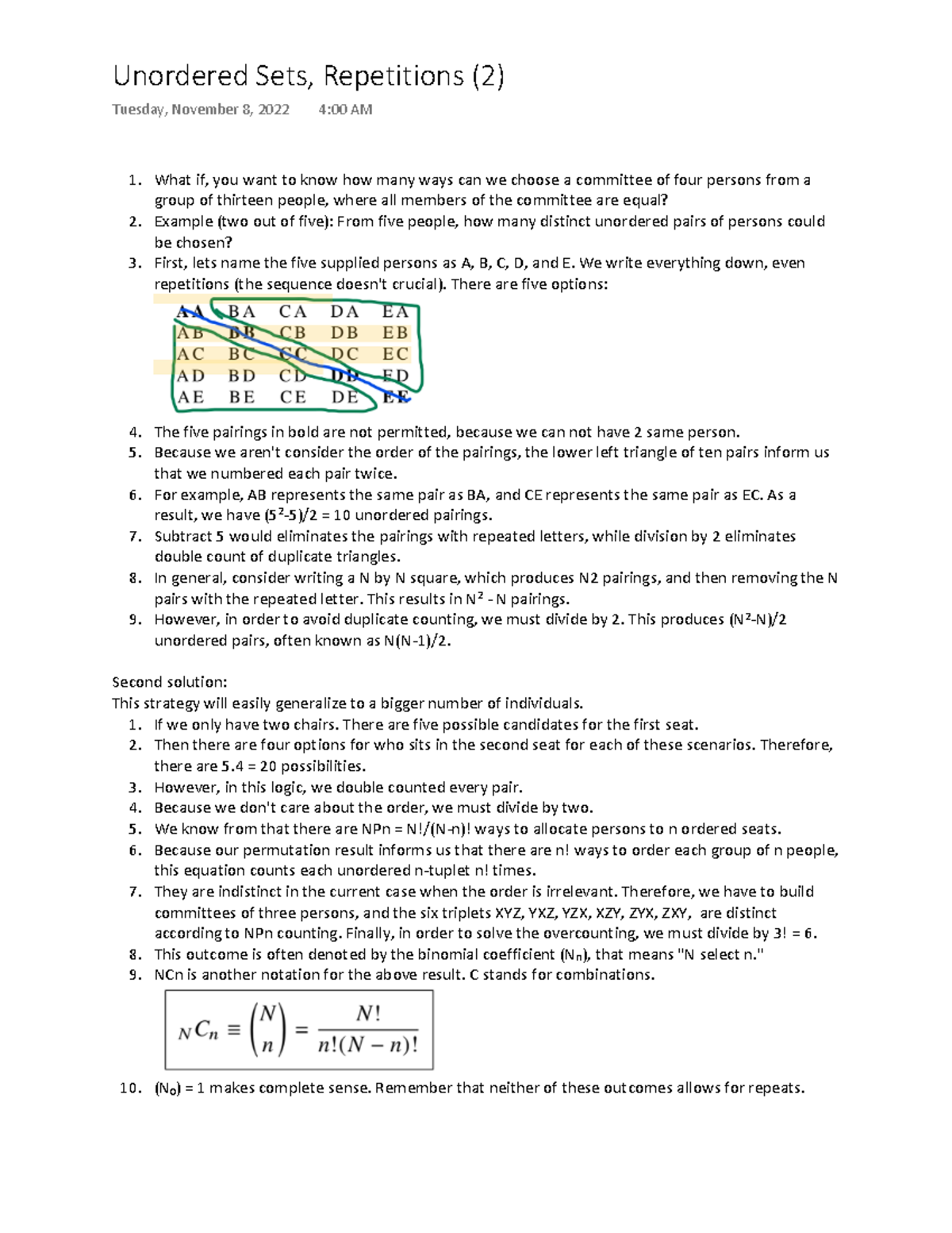 GBA412- Unordered SETS, Repetition NOT Allowed. FOR Example, FORM 2 OUT ...