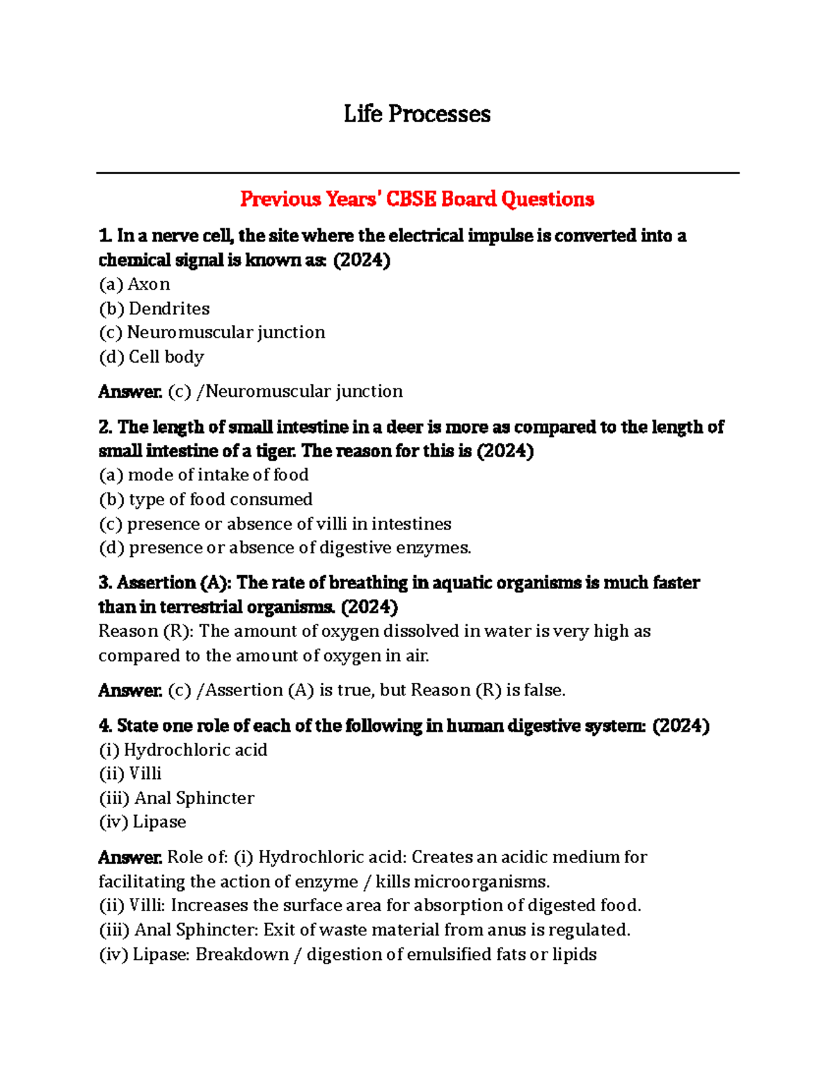 Life Processes: Previous Year CBSE Board Questions (2024) - Studocu