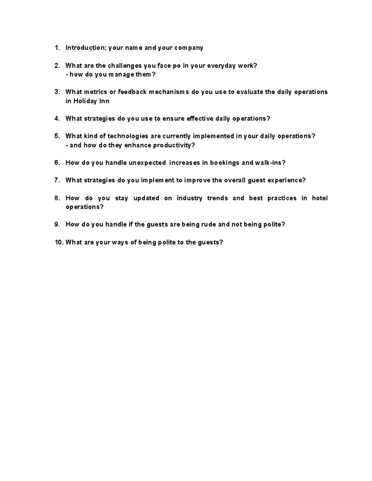Guide Questions for Hotel Operations Challenges and Strategies - Studocu