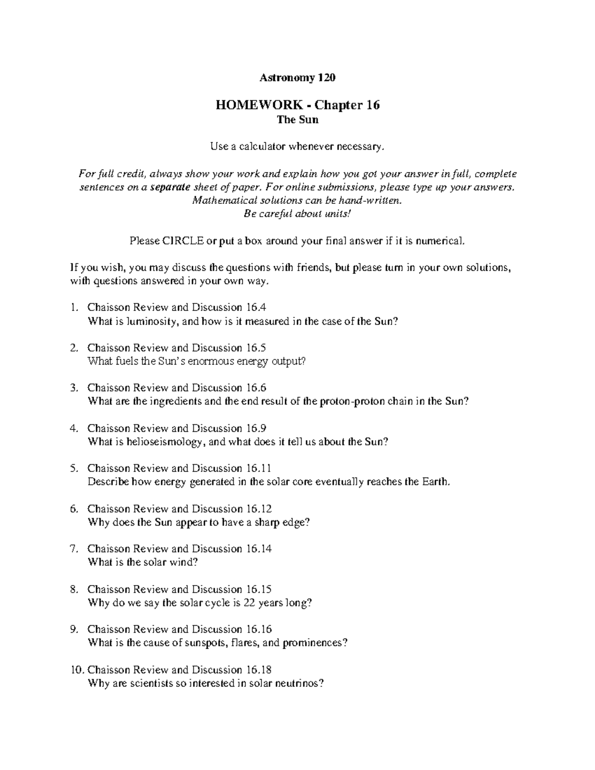 Astronomy 120 Homework - Chapter 16: The Sun Insights and Problems ...