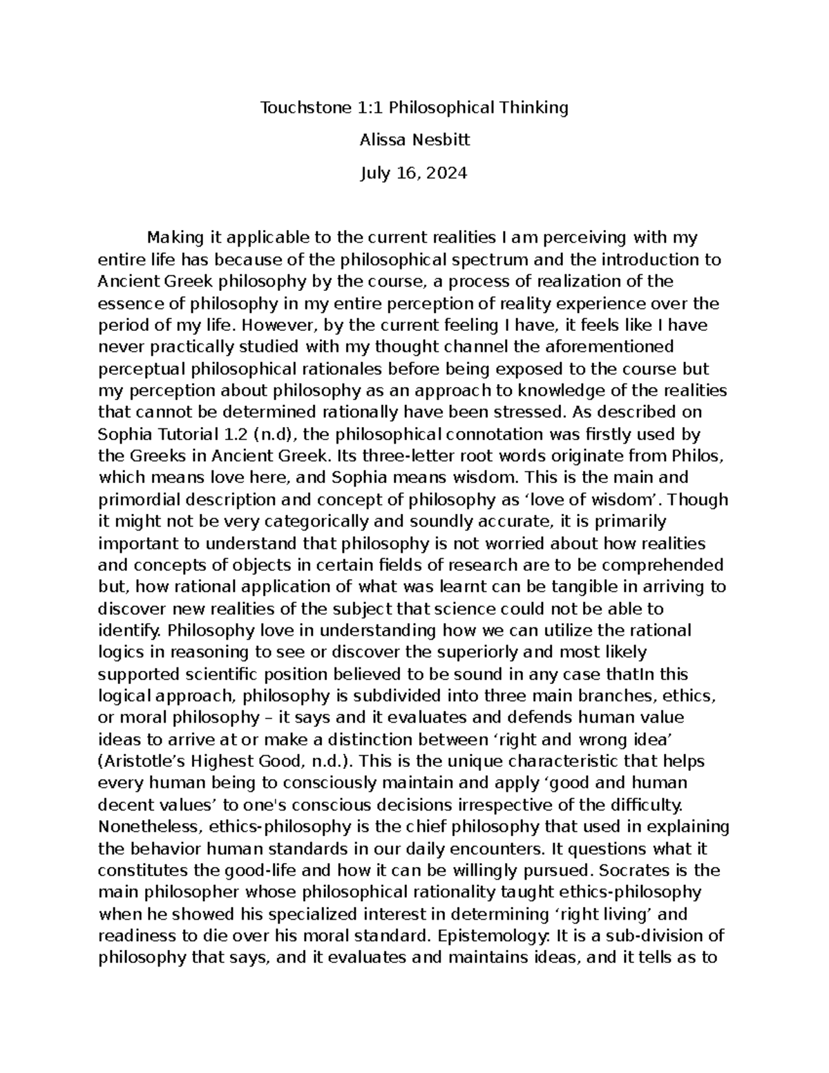 Touchstone 1 Philosophy - Touchstone 1:1 Philosophical Thinking Alissa ...