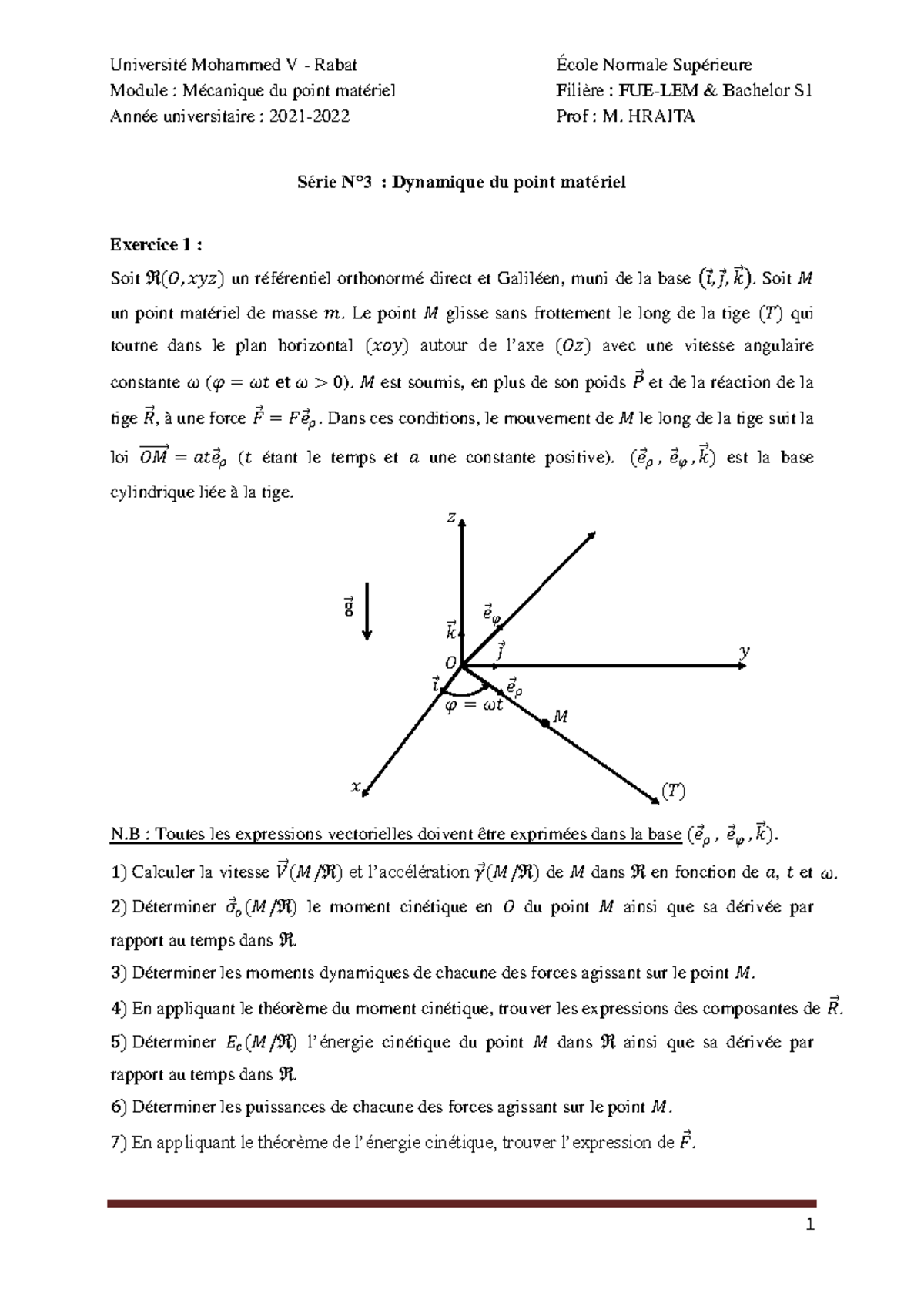 Série 3 - Dynamique du Point Matériel : Exercices Complet pour Mécanique - Studocu