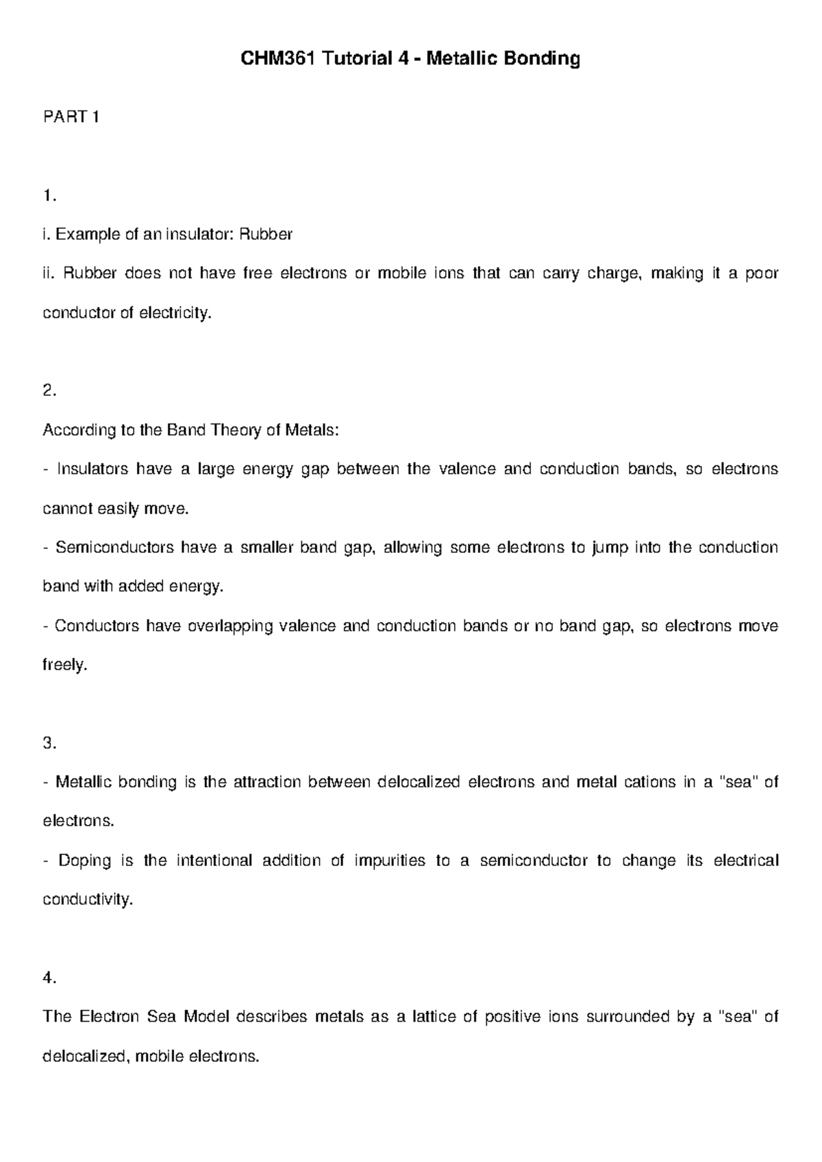CHM361 Tutorial 4: Metallic Bonding Concepts & Applications - Studocu