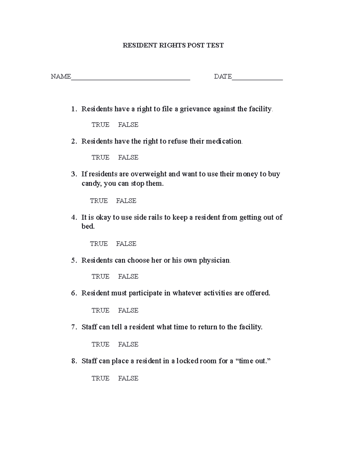 Resident Rights Quiz Post Test - Studocu