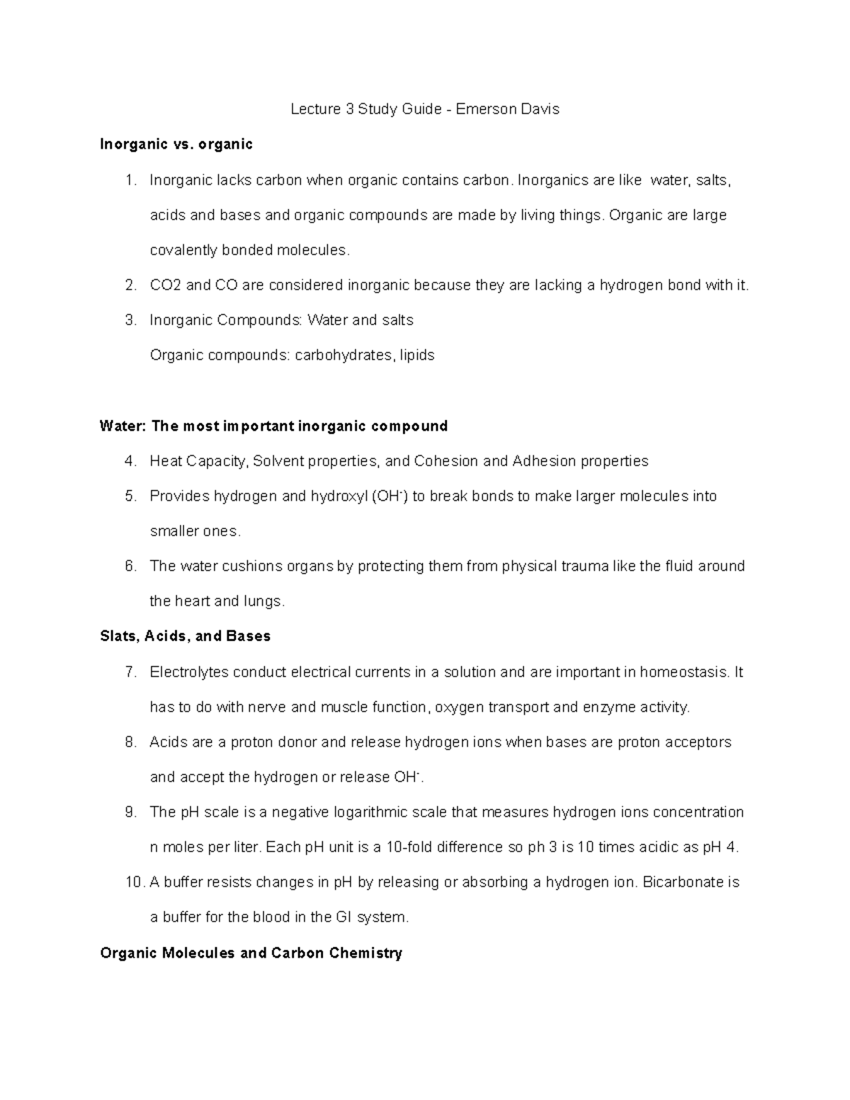 Lecture 3 Study Guide: Inorganic vs. Organic Compounds - Studocu
