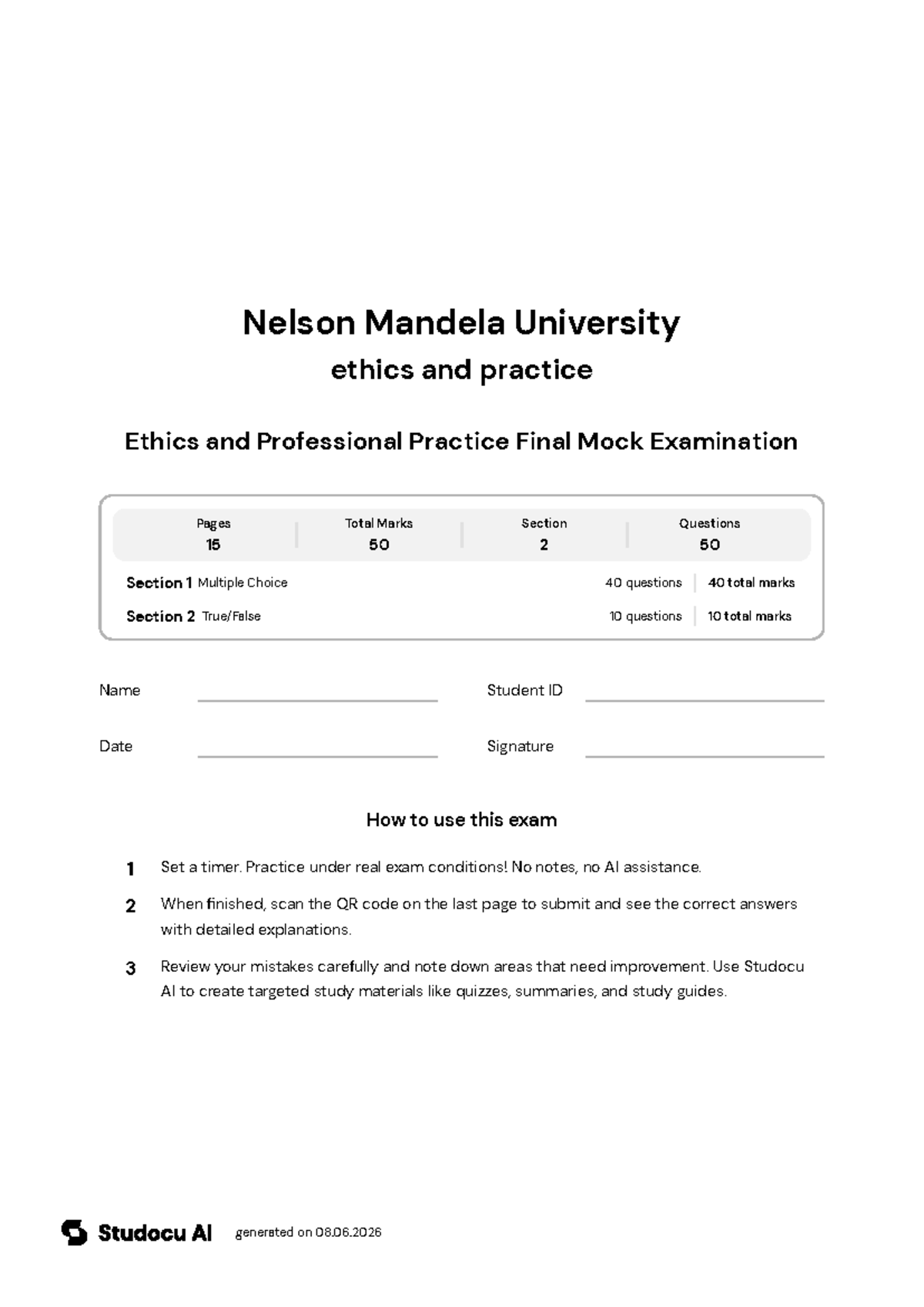 Ethics and Professional Practice Final Mock Exam - Studocu
