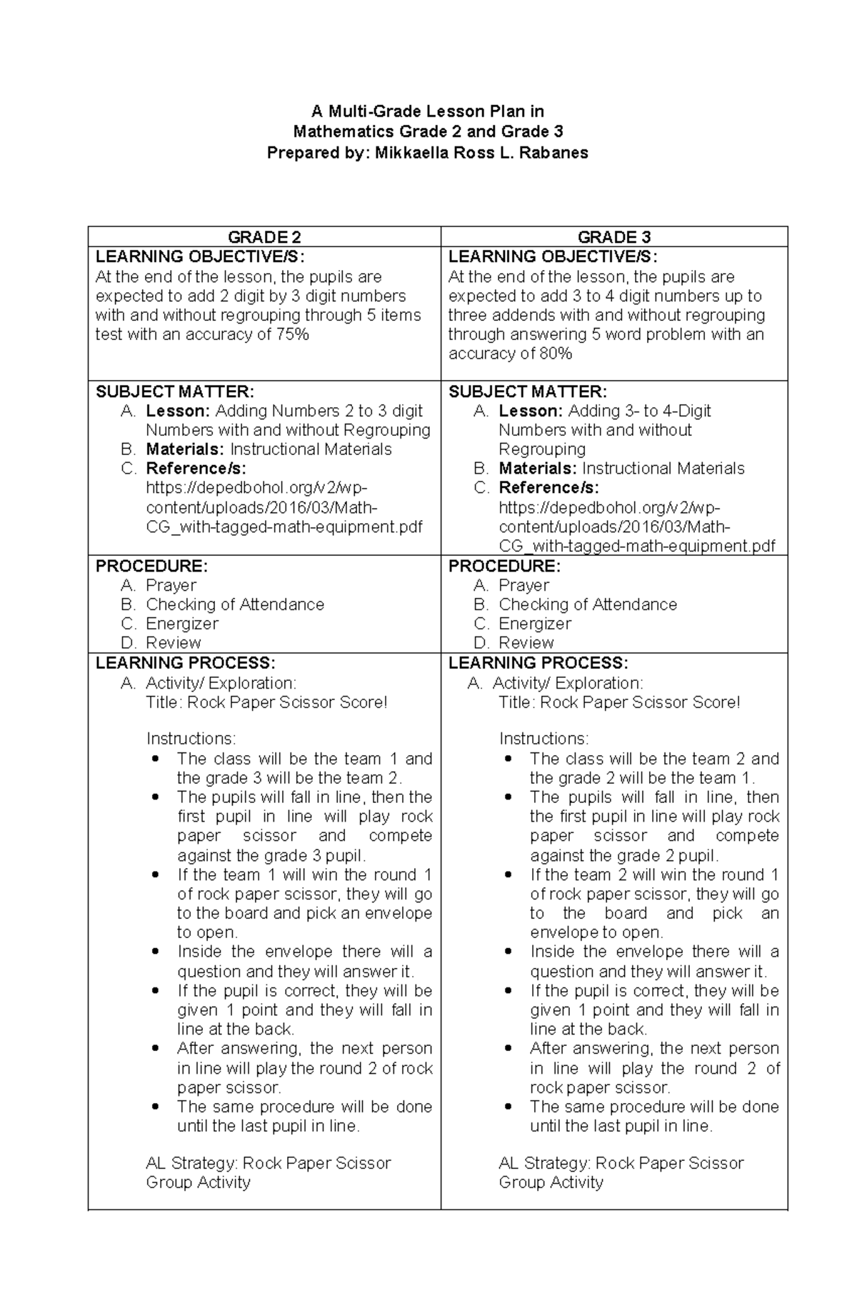 540 Multi-Grade Math Lesson Plan: Adding 2 to 4 Digit Numbers - Studocu