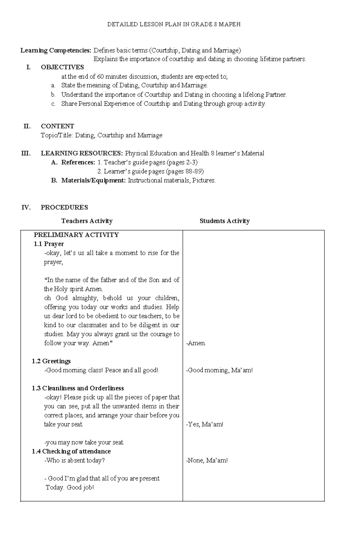 Detailed Lesson Plan in G8 MAPEH: Courtship, Dating & Marriage - Studocu