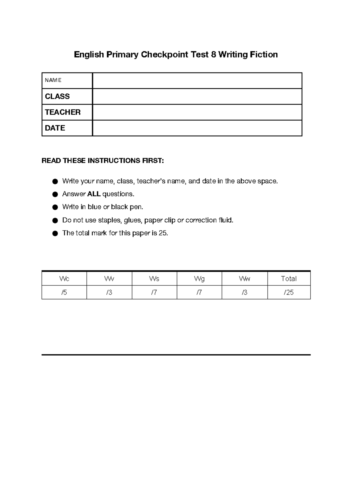 English Primary Checkpoint Test 8: Writing Fiction Guidelines - Studocu